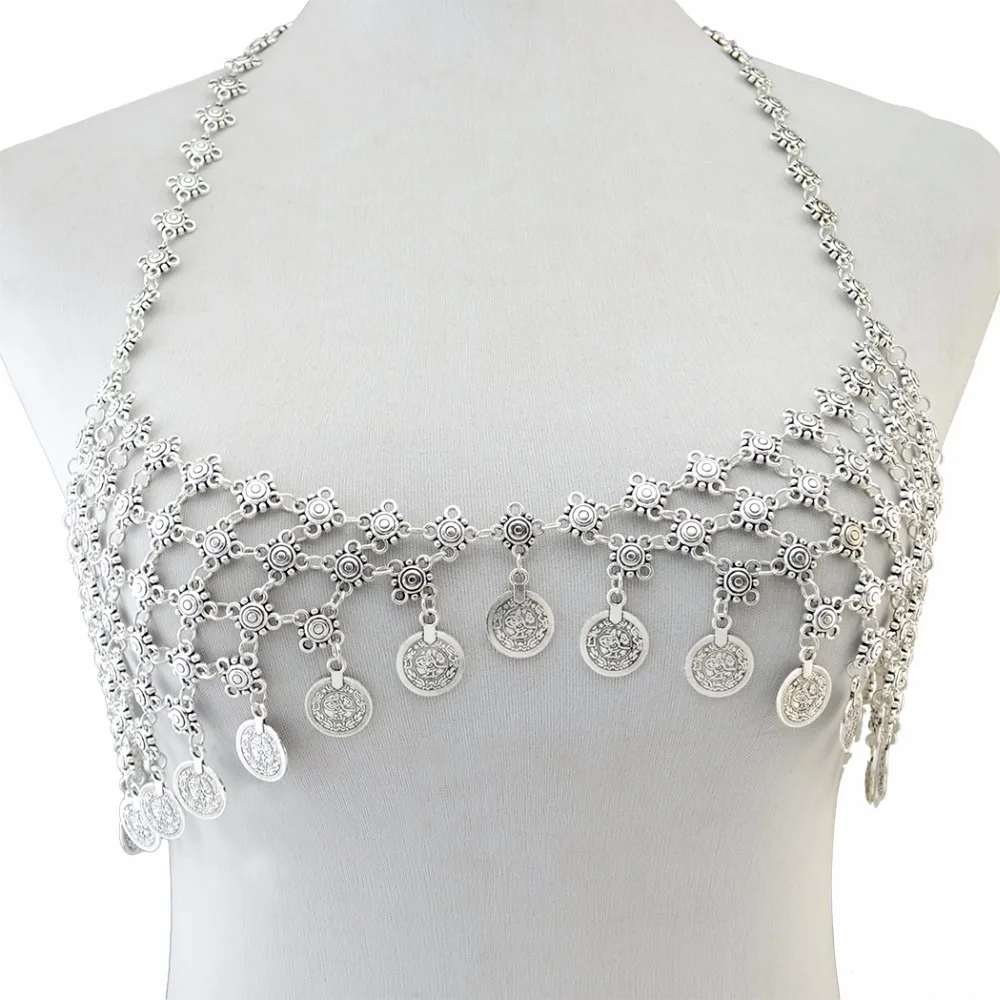 Idealway Fashion Boho Vintage Silver Color Long Chain With Coin Tassel