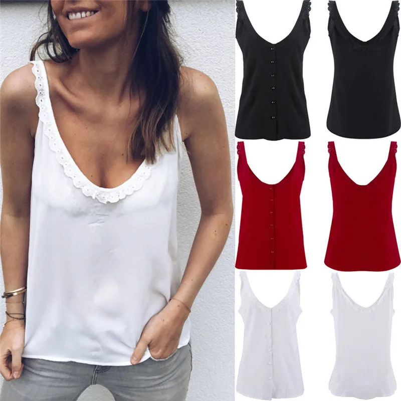 Summer Women Ladies Vest Top Sleeveless V Neck Lace Casual Tank Tops