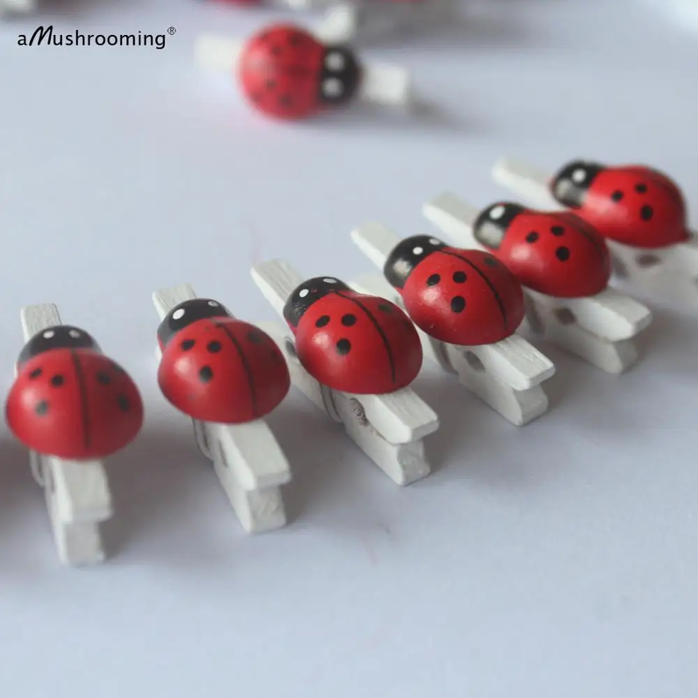 50 Cute Mini Wooden Ladybird Lady Bug Pegs Clips Set Photo Clothes ...