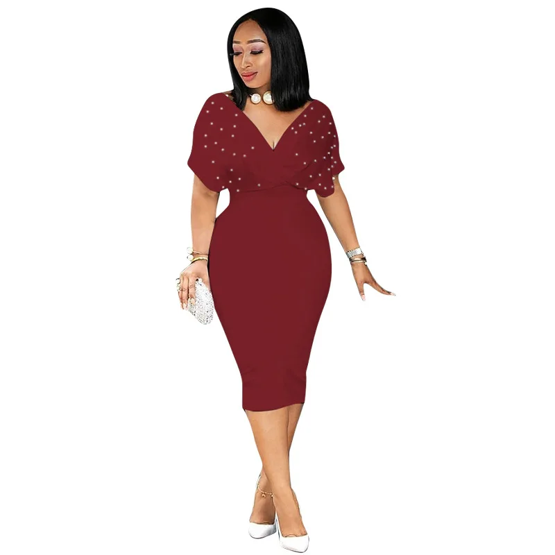 2019 Summer V Neck Sexy Dress Women Tunic High Waist Beading Short