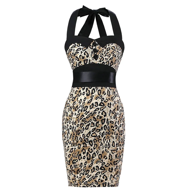 Leopard Print Sexy Halter Sheath Dress Polka Dot Vintage Women Summer Backless 50s Pin Up