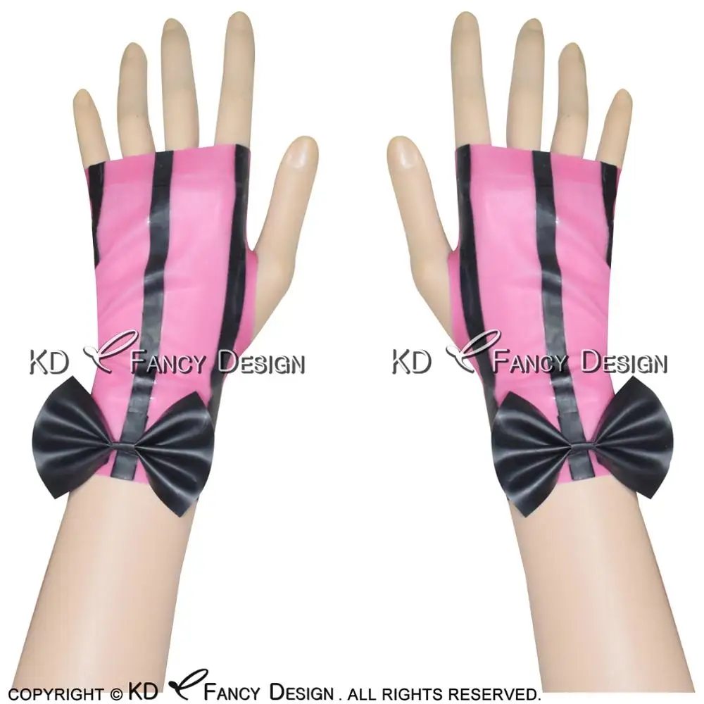 Pink-With-Black-Stripe-Sexy-Fingerless-Short-Latex-Gloves-Bows-Rubber ...