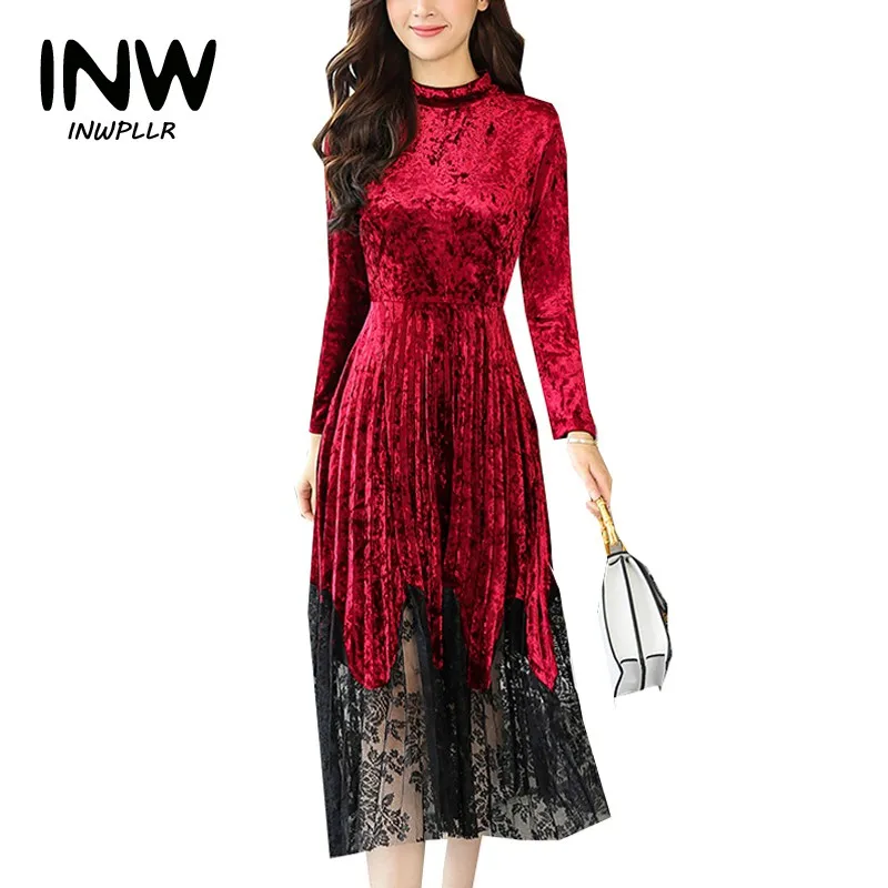 Spring Fall Velour Dress Women Pleated Dresses Vintage Long Sleeve Lace ...