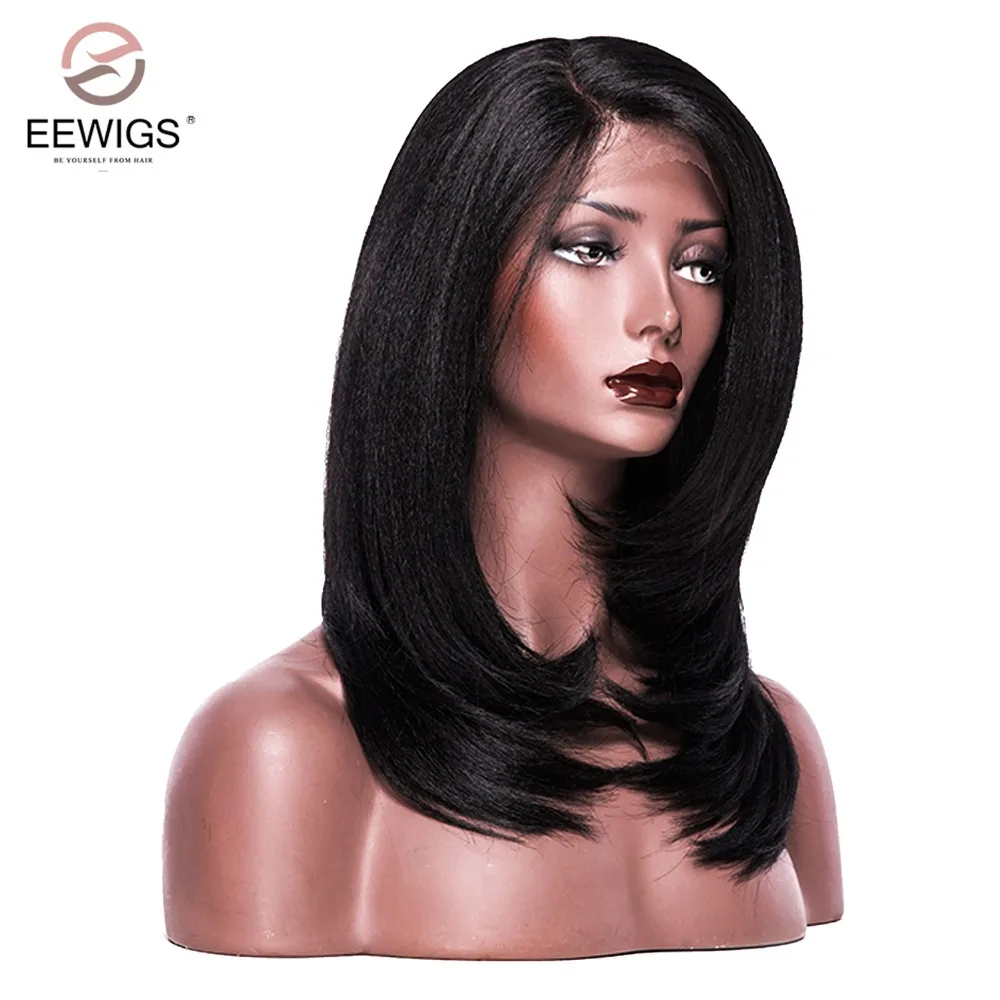Buy Light Yaki Short Bob Synthetic Lace Front Wigs For Women L Part Black 1b