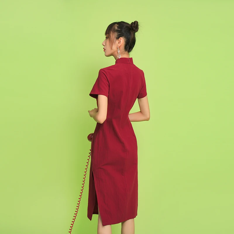 SWEETXUE Red Elegant Cheongsam Summer Sress Vintage Stand Collar Buckle ...
