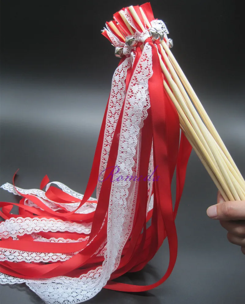 50Pieces/Lot Dark red ribbon wedding wands with white lace Wedding ...