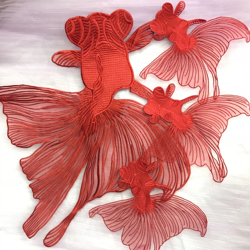 High quality organza embroidery red goldfish patch with super large ...