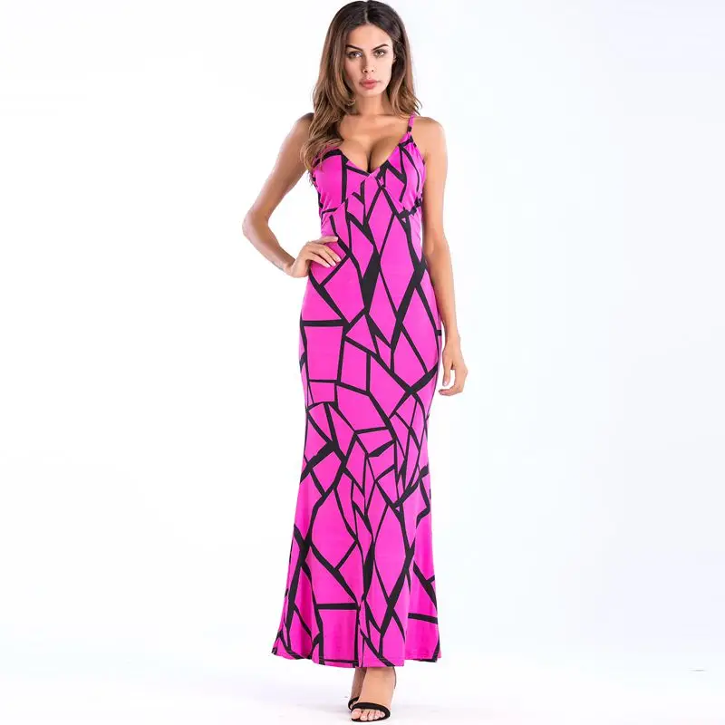 Yilia Printed Spaghetti Strap Maxi Summer Runway Dress Women Sexy Long