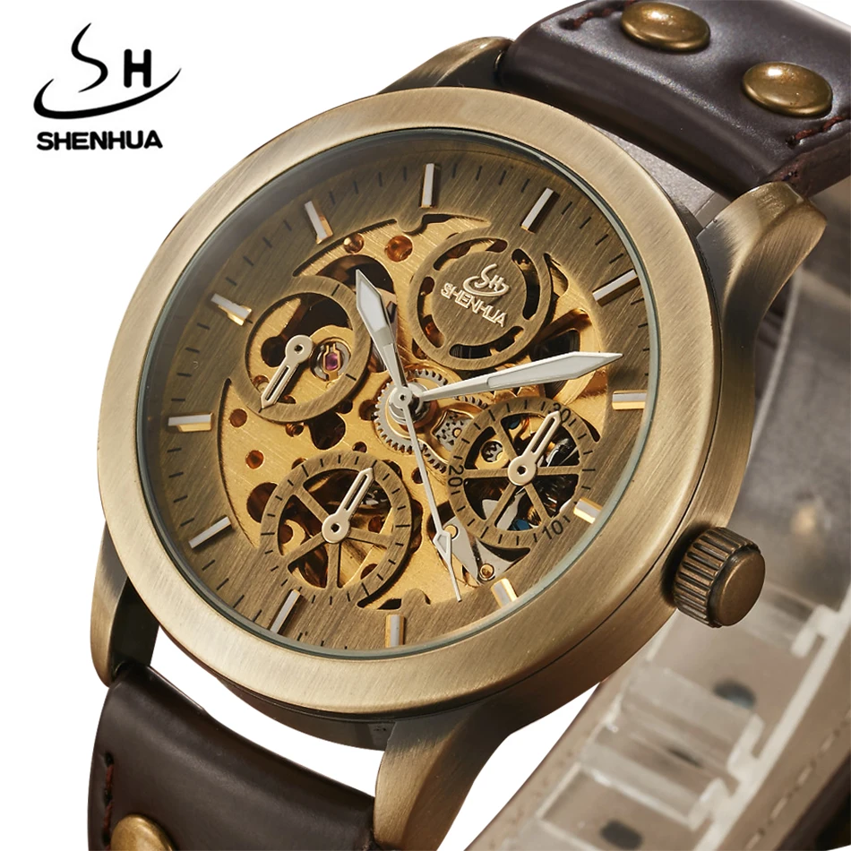 SHENHUA Mechanical Watch Men Skeleton Automatic Self Wind Watches ...