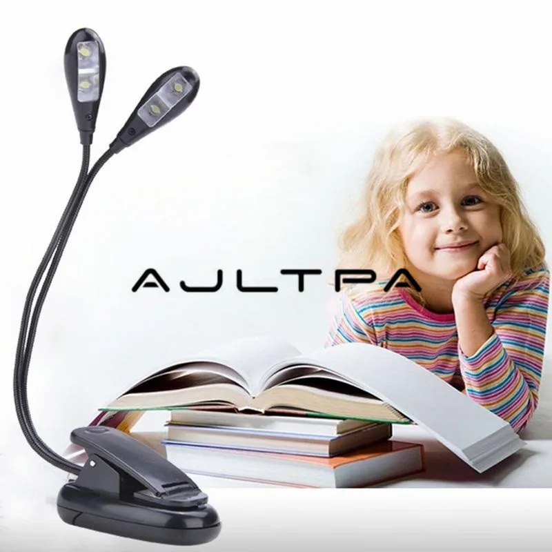 Led Clip Book Light Double Head 4leds Batteries Usb Power Portable ...