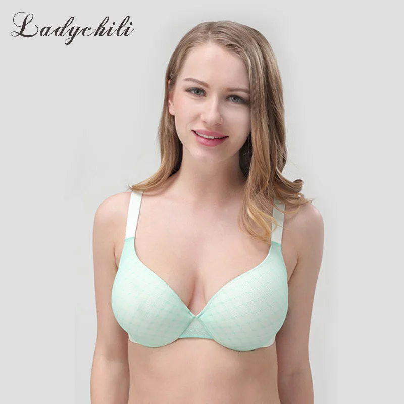 Ladychili Women Intimates Thin Cup Seamless Bra Green Color Lace Plaid Full Cup Bra Wide Strap