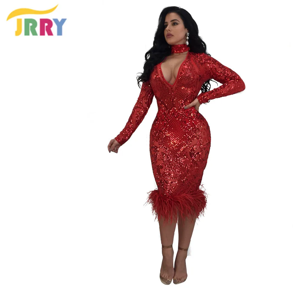 Jrry Sexy Deep V Neck Long Sleeve Sequin Hairy Bodycon Women Dresses