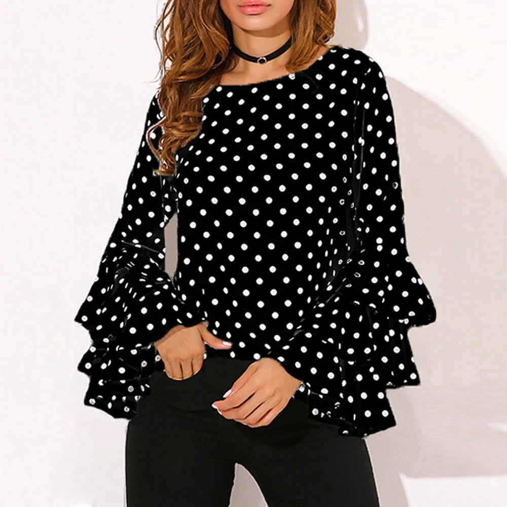 Women Cotton Blouses Comfy Polka Dot Black Blouse Female Flare Sleeve