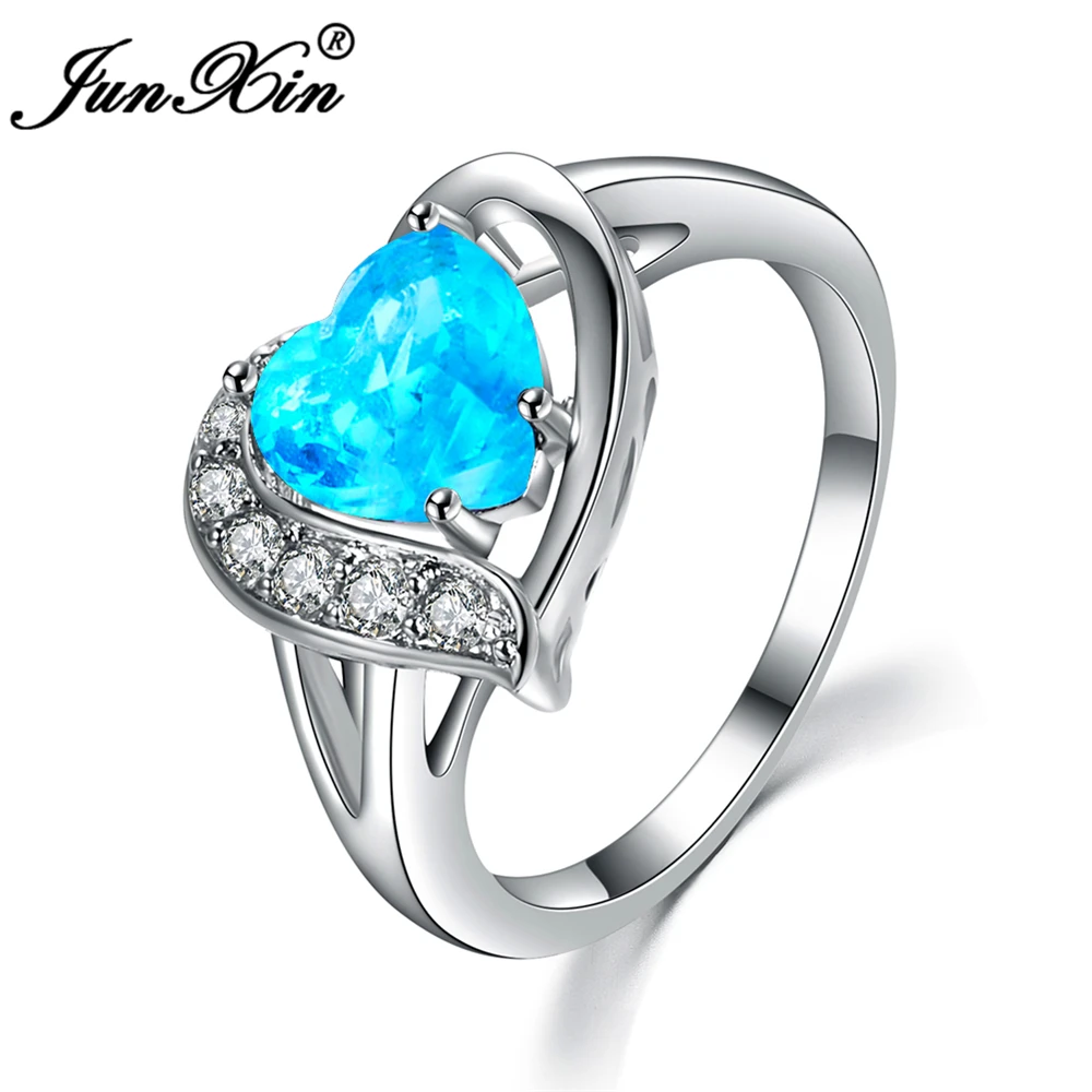Junxin anel romântico feminino com luz azul, elegante coração, branco ...