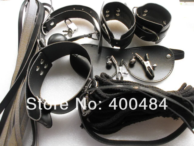 Pu 7 In 1 Sex Games Toy Kit Wrist Cuffs Collar Blindfold Whip Ball Gag