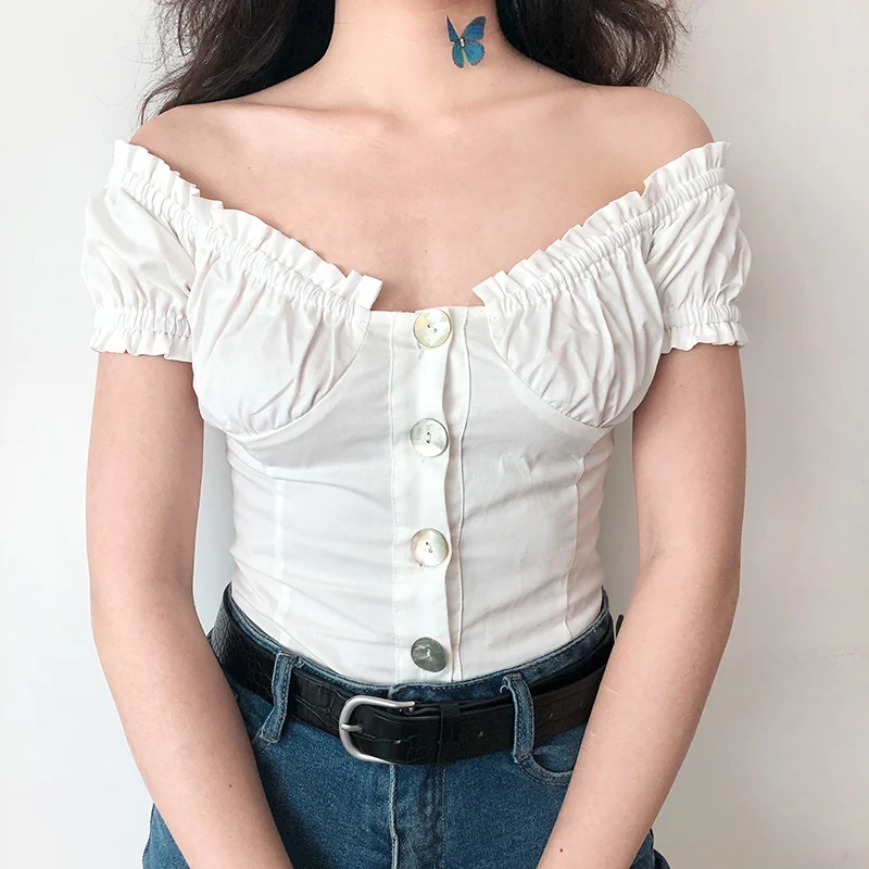 White Blouse 2019 summer Women Vintage Women Sweetheart Neck Big Button ...