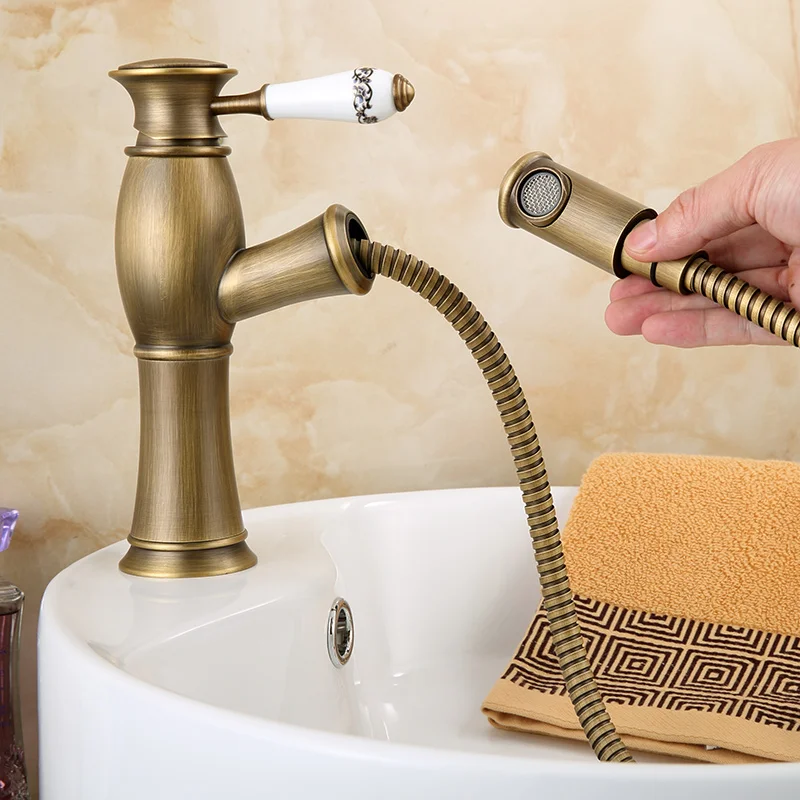 Antique Pull Type Ceramic Water Tap Copper Wash Basin Single Handle ...