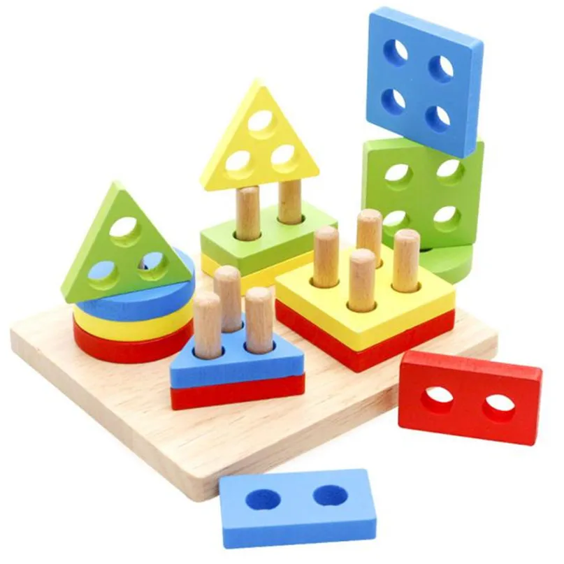 Early childhood children's educational toys wooden pole geometry shape ...