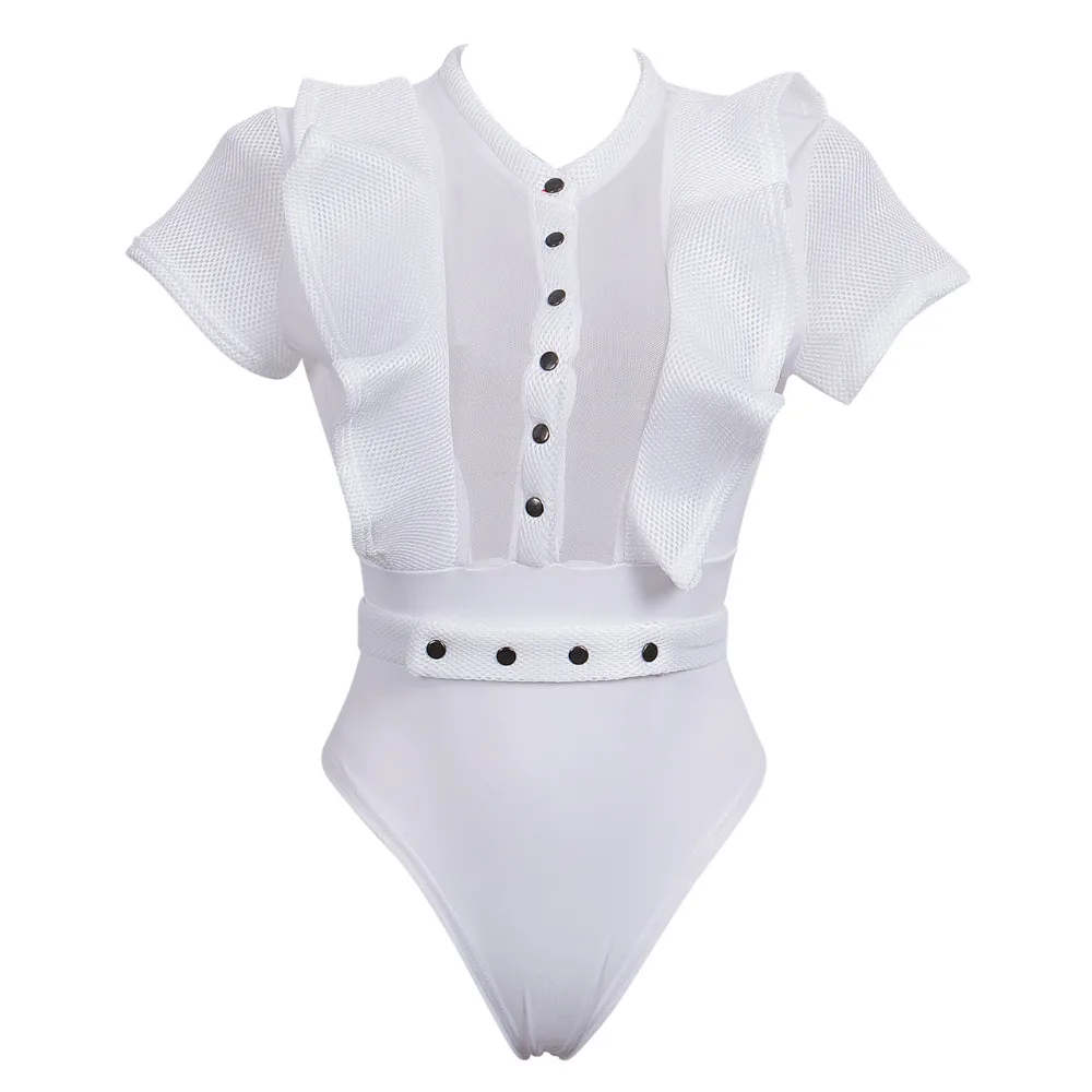 Women Sexy Clubwear Party Bandage Ruffles Short Sleeve Mesh Bodysuit