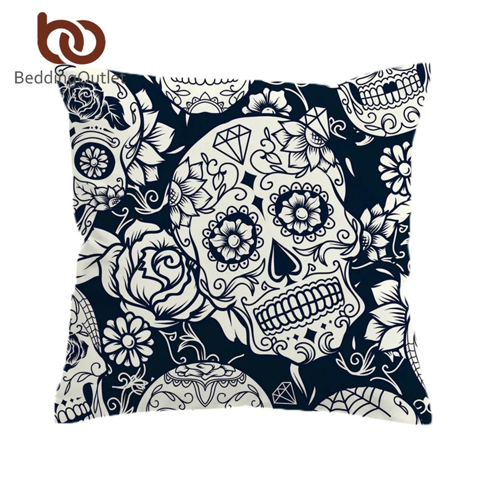 Beddingoutlet Sugar Skull Collection Cushion Cover Black And White