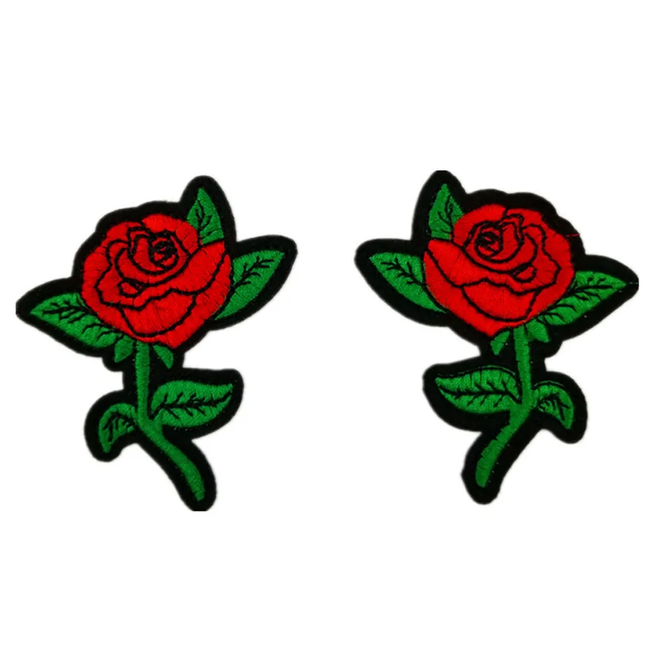 2pcs Pair Iron On Embroidery Flower Patches Red Rose Flower For