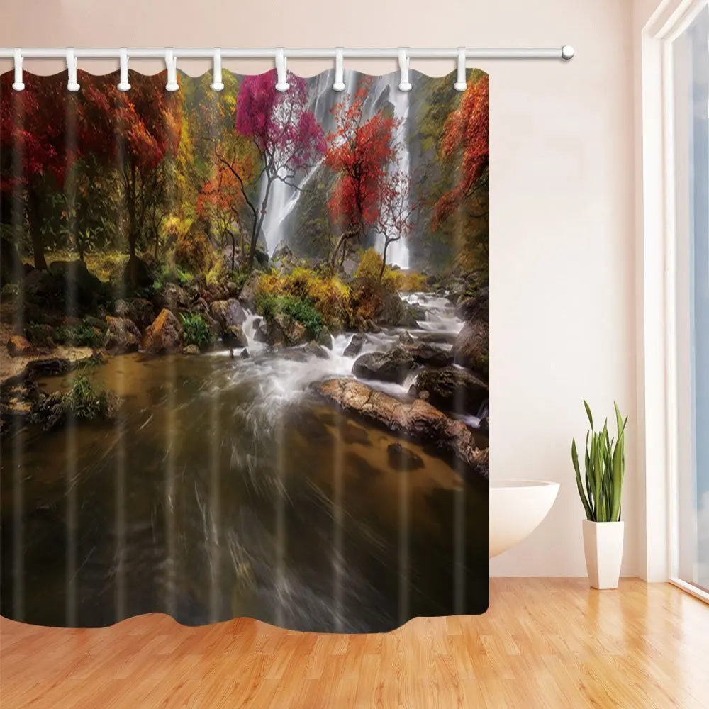 Nature Scenery Shower Curtains For Bathroom Red Maple Leaf Forest And