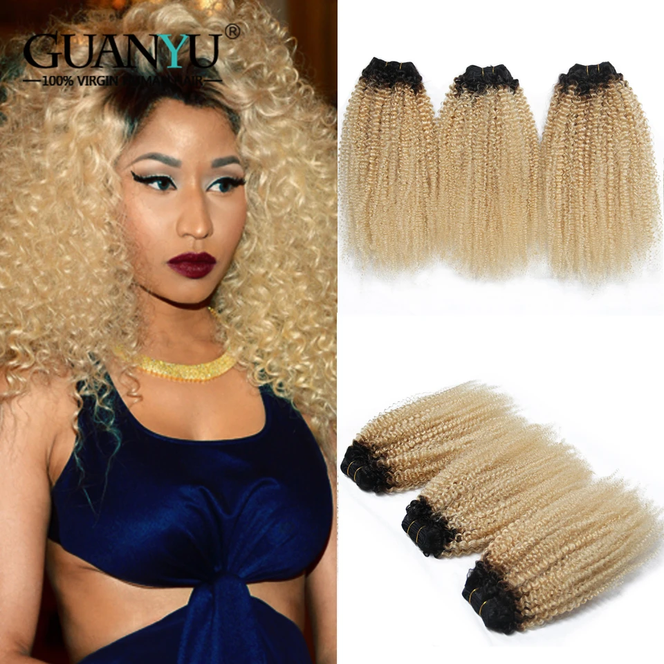 Guanyuhair 1b 613 Peruvian Remy Kinky Curly Hair Weave Bundles Blonde