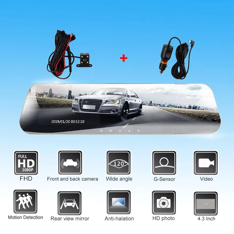 Full HD 1080P Car Dvr Camera Auto 4.3 inch Rearview Mirror Digital ...