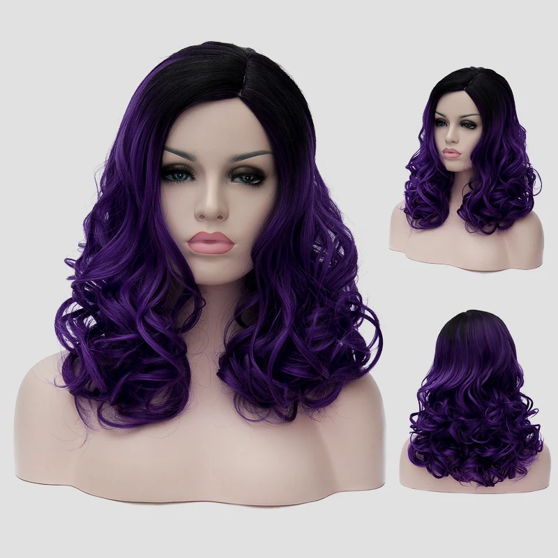 42cm Popular Sexy Long Two Tone Ombre Wig Black Purple Mix Color ...
