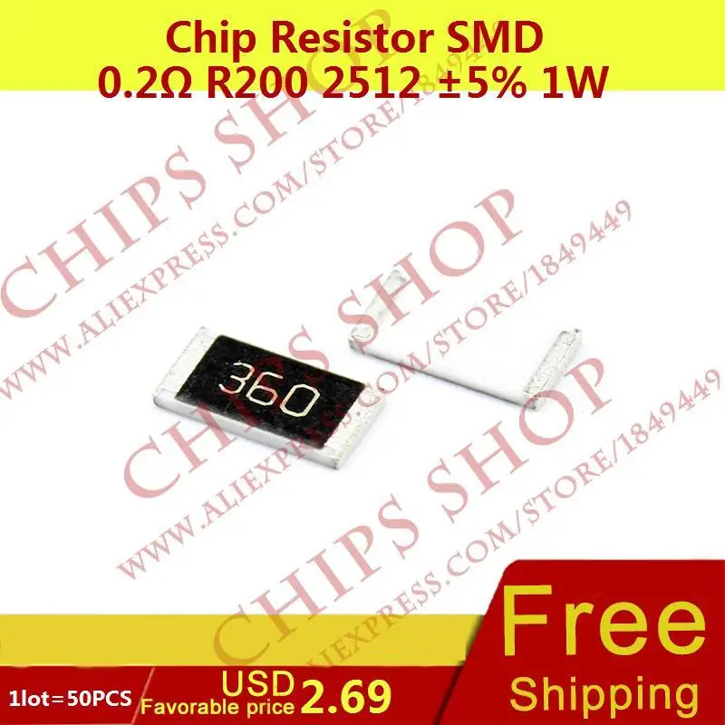 1LOT=50PCS Chip Resistor SMD 0.2ohm R200 2512 5% 1W Package2512|smd ...