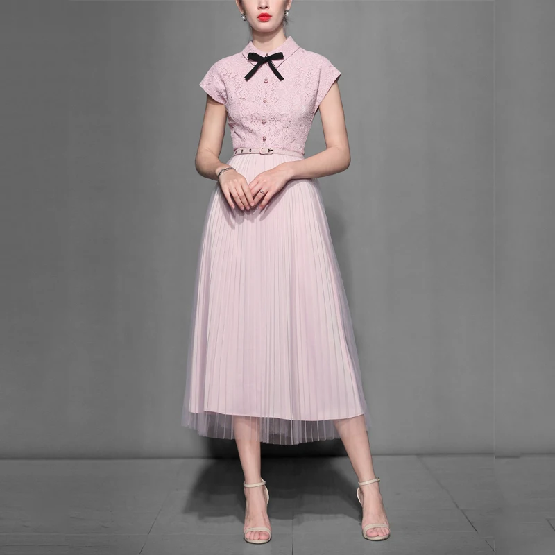Elegant Bow Pink Lace Mesh Chiffon Patchwork Pleated Long Dresses Women