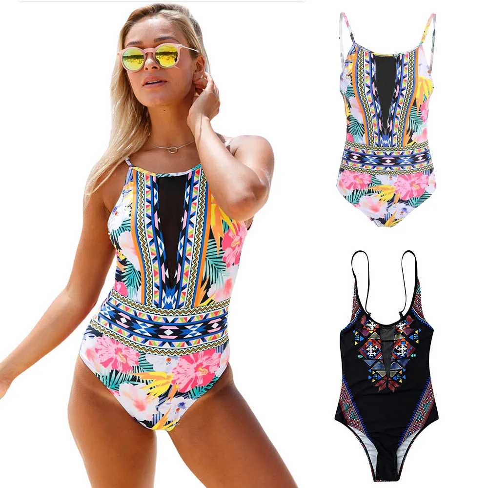 Women Nylon Mesh Patchwork High Cut One Piece Swimwear Swimsuit Bath