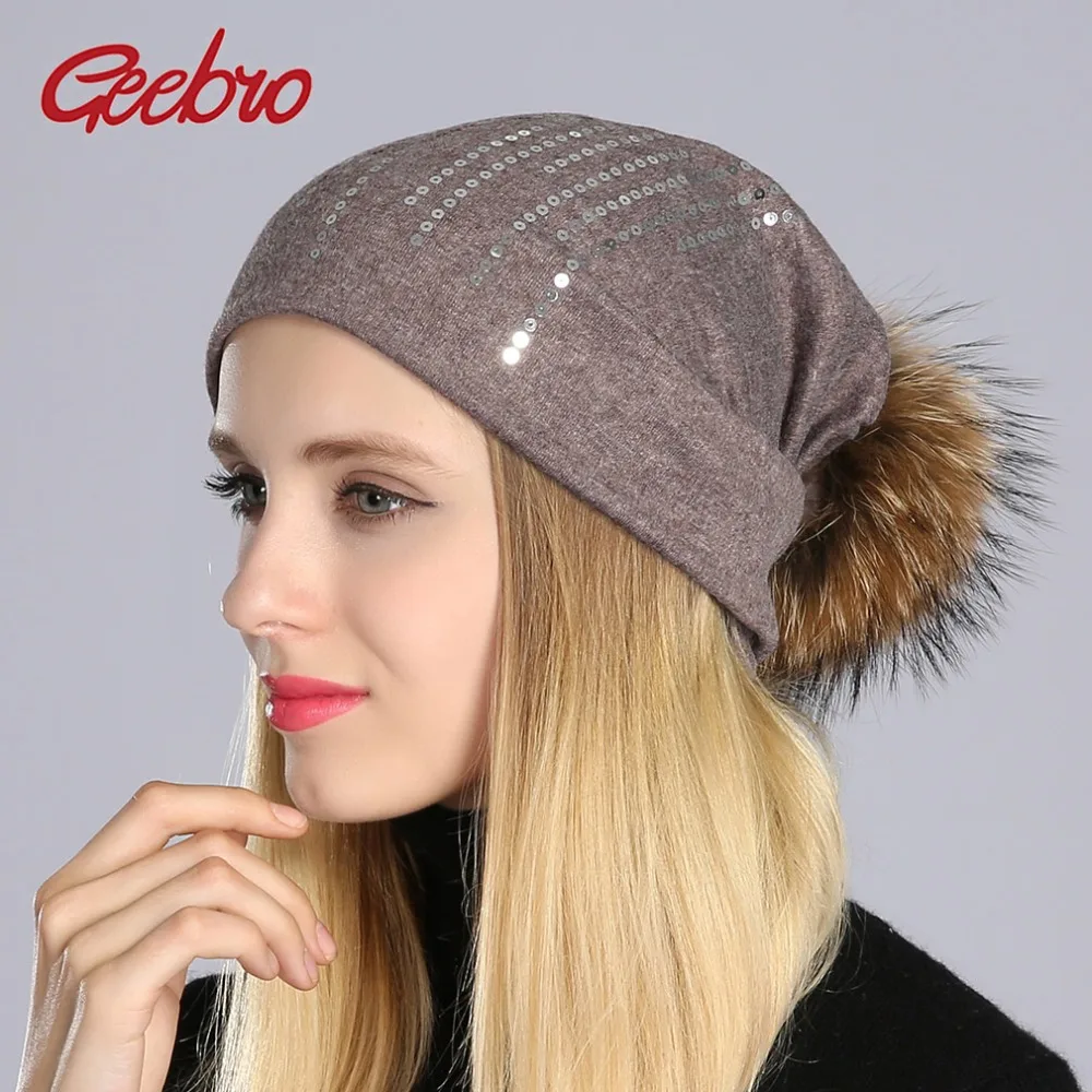 Geebro Women Round Sequins Beanie Spring 2020 Cotton Black Hats Ladies ...