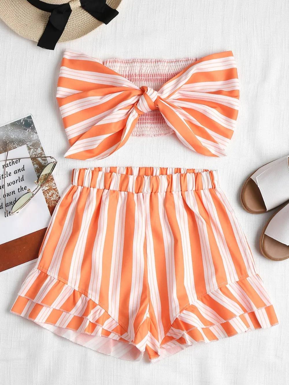 Sexy Spaghetti Straps Knotted Stripes Tube Top And Shorts Kit Women