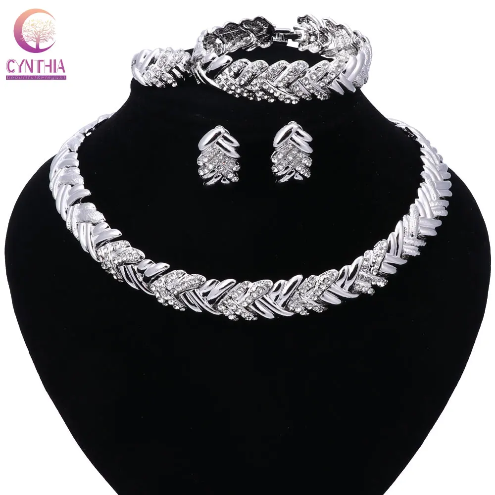 Wedding Silver Color Jewelry Sets For Women Elegant Rhinestone Pendant ...