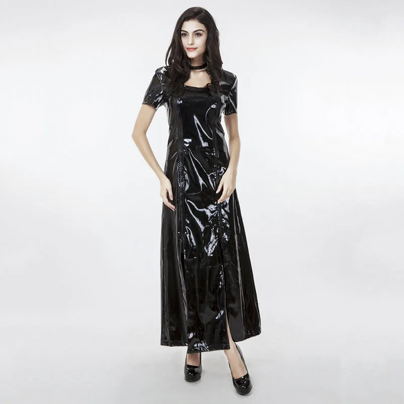 Women Party Nightclub Wear Black Short Sleeves Open Slit Long PVC Dress ...