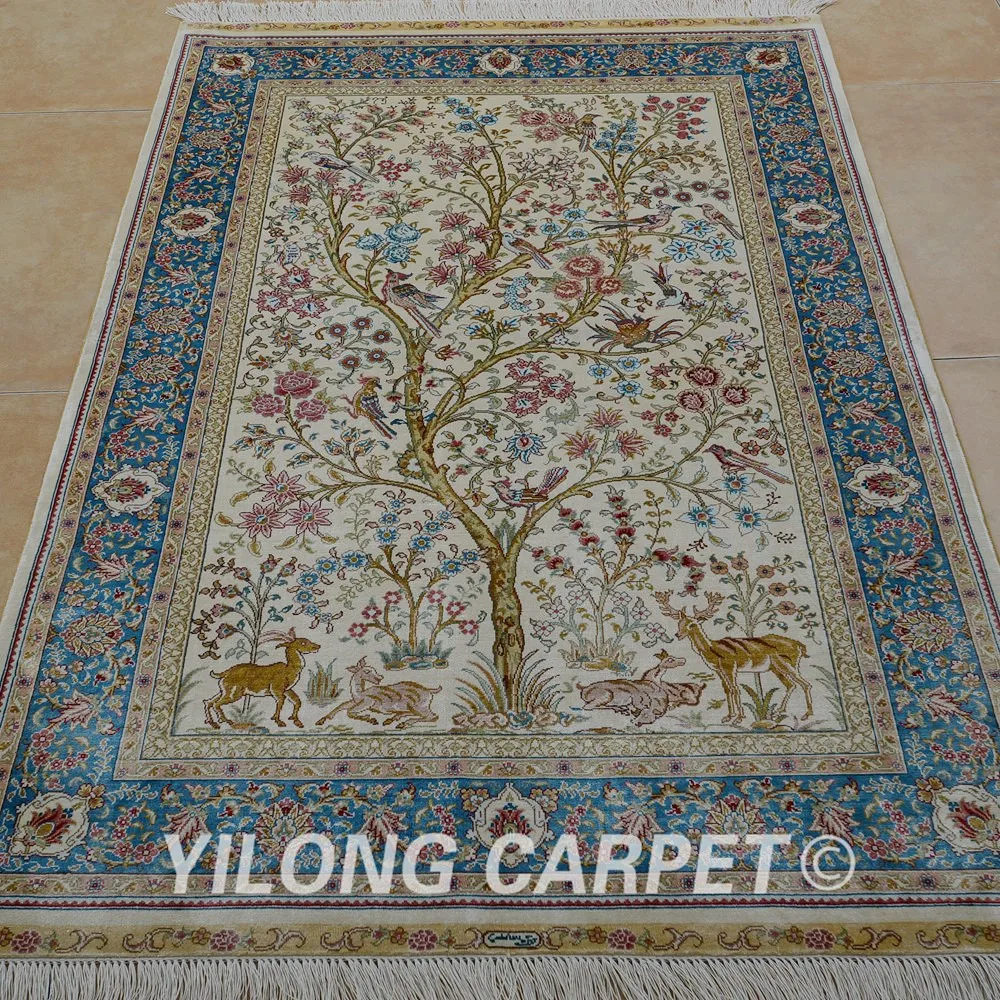 Yilong 3.3'x5' Tabriz silk carpet tree of life tapestry handmade ...