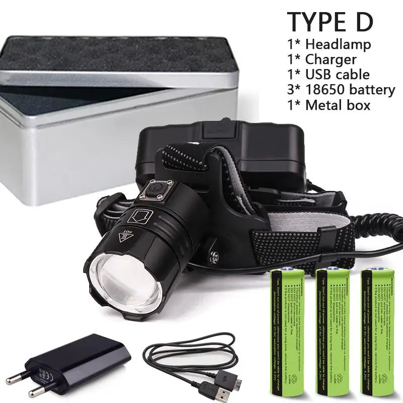 50000 люмен самая мощная светодиодная налобный фонарь USB зарядка XHP70 ...