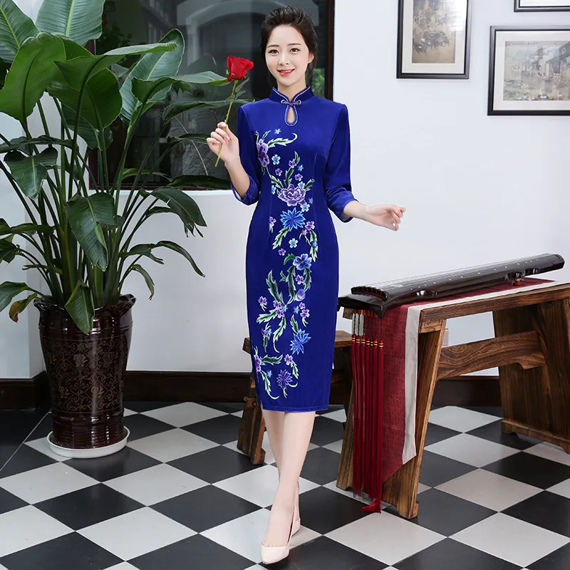 2018 New Long Velvet Cheongsam Blue Printing Qipao Pattern Chinese