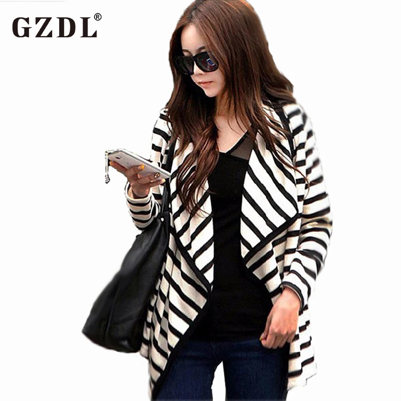 Gzdl Casual Long Sleeve Open Stitch Tops Striped Women Jacket Coat