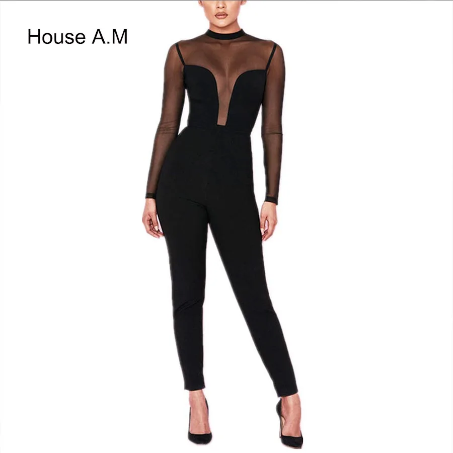 Jumpsuits Rompers Black Mesh Workout Deep V Neck Long Sleeve Patchwork ...