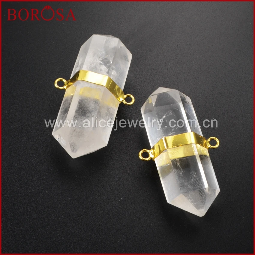 BOROSA New Style Hexagon Gold White Crystal Quartz Connector Double Bails Crystal Quartz Pendant ...