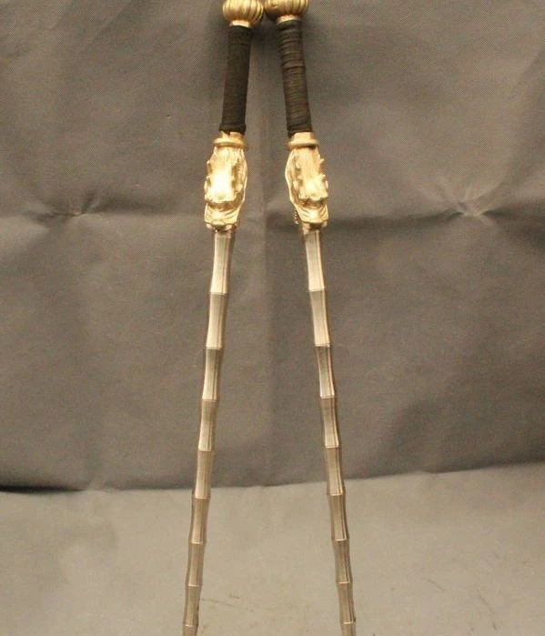 30"China Chinese Folk Old Bronze famous Dragon head Two Mace Shuang ...