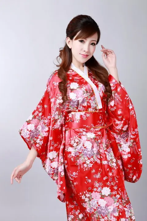 Red Japanese Womens Vintage Original Tradition Silk Yukata Kimono Dress