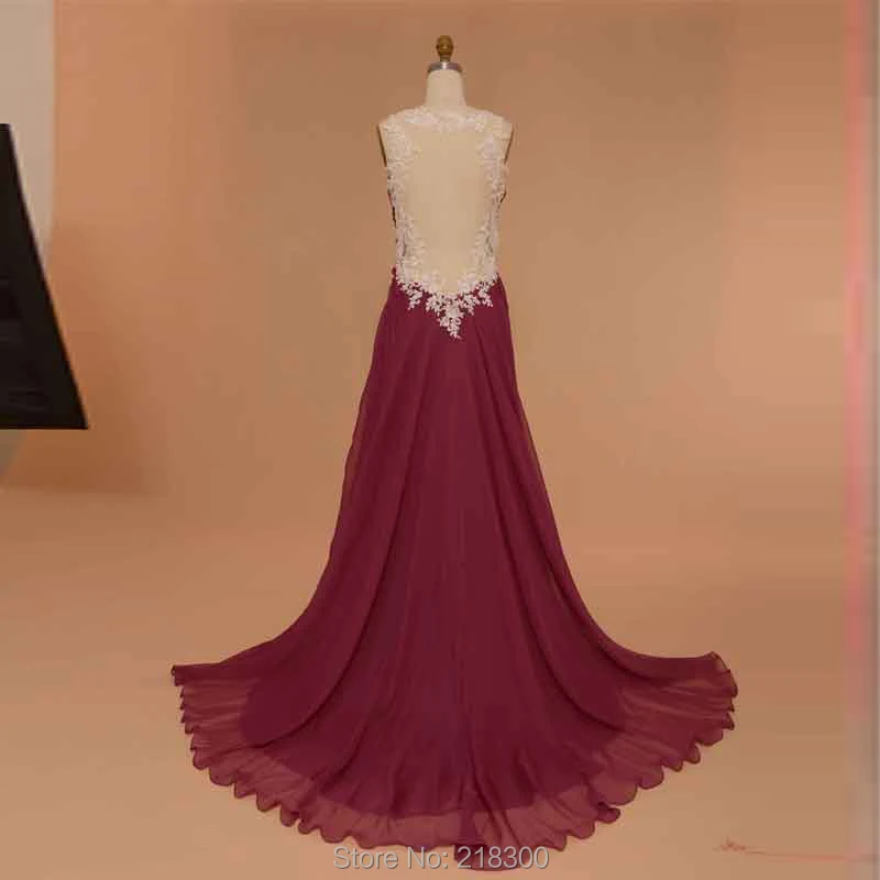 Burgundy Backless Chiffon Prom Dresses with White Lace Open Back ...