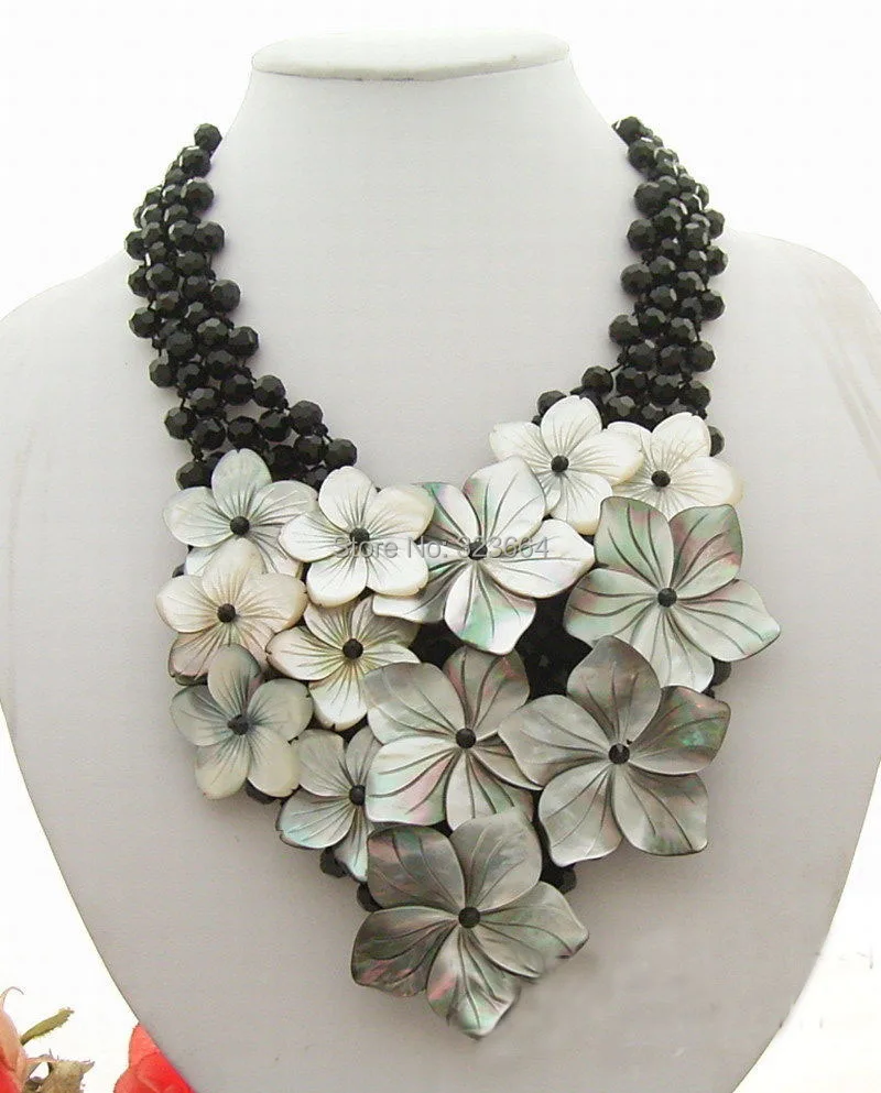 beautiful Black Crystal&Shell Flower Necklace Toggle Clasp|black ...