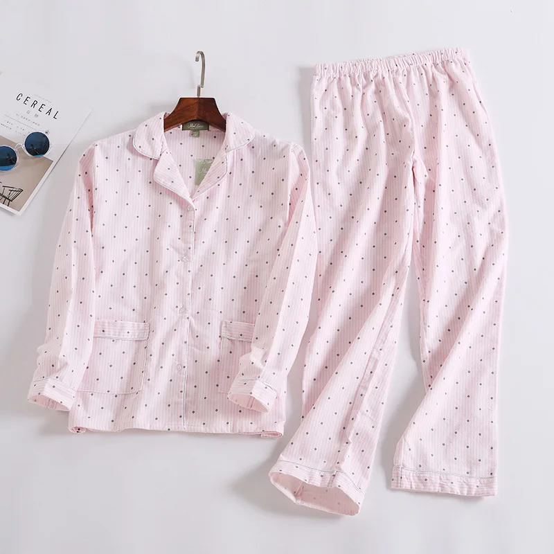 Pink Polka Dot Cute Women Pajama Sets Autumn Long Sleeve 100 Brushed ...