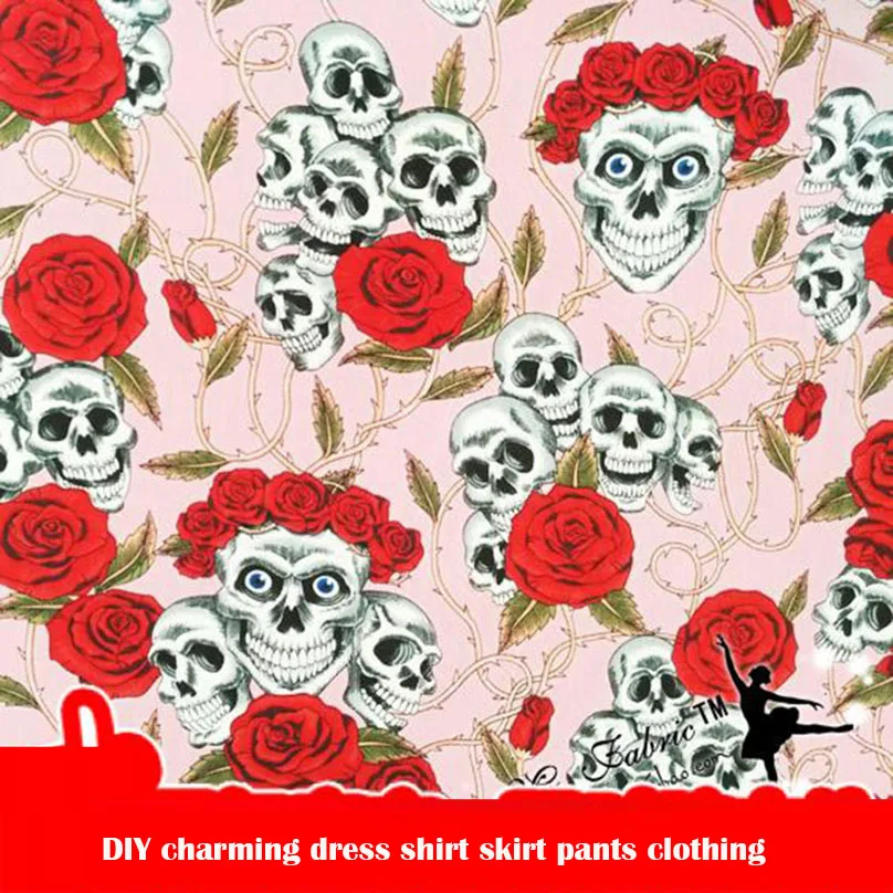 145cm Width Pink Skull Fabric 100% Cotton Fabric Rose Skull Printed ...