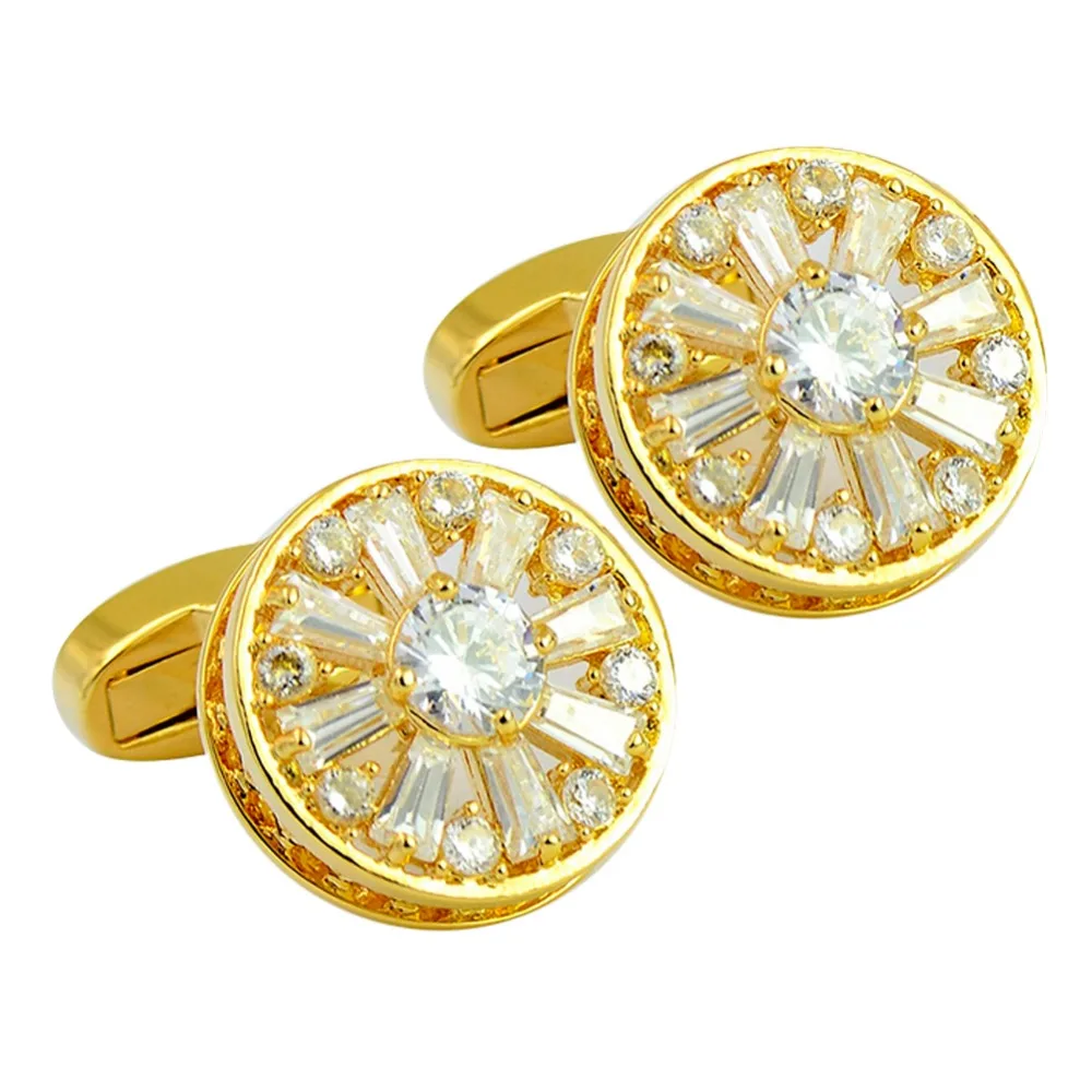 Luxury gold rhinestone cufflinks engraved round whale back cufflinks ...