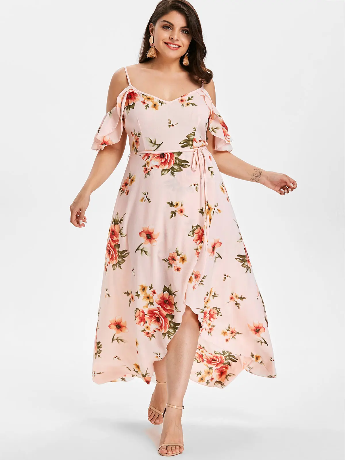 Wipalo Plus Size Cold Shoulder Belt Overlap Floral Print Dress Women